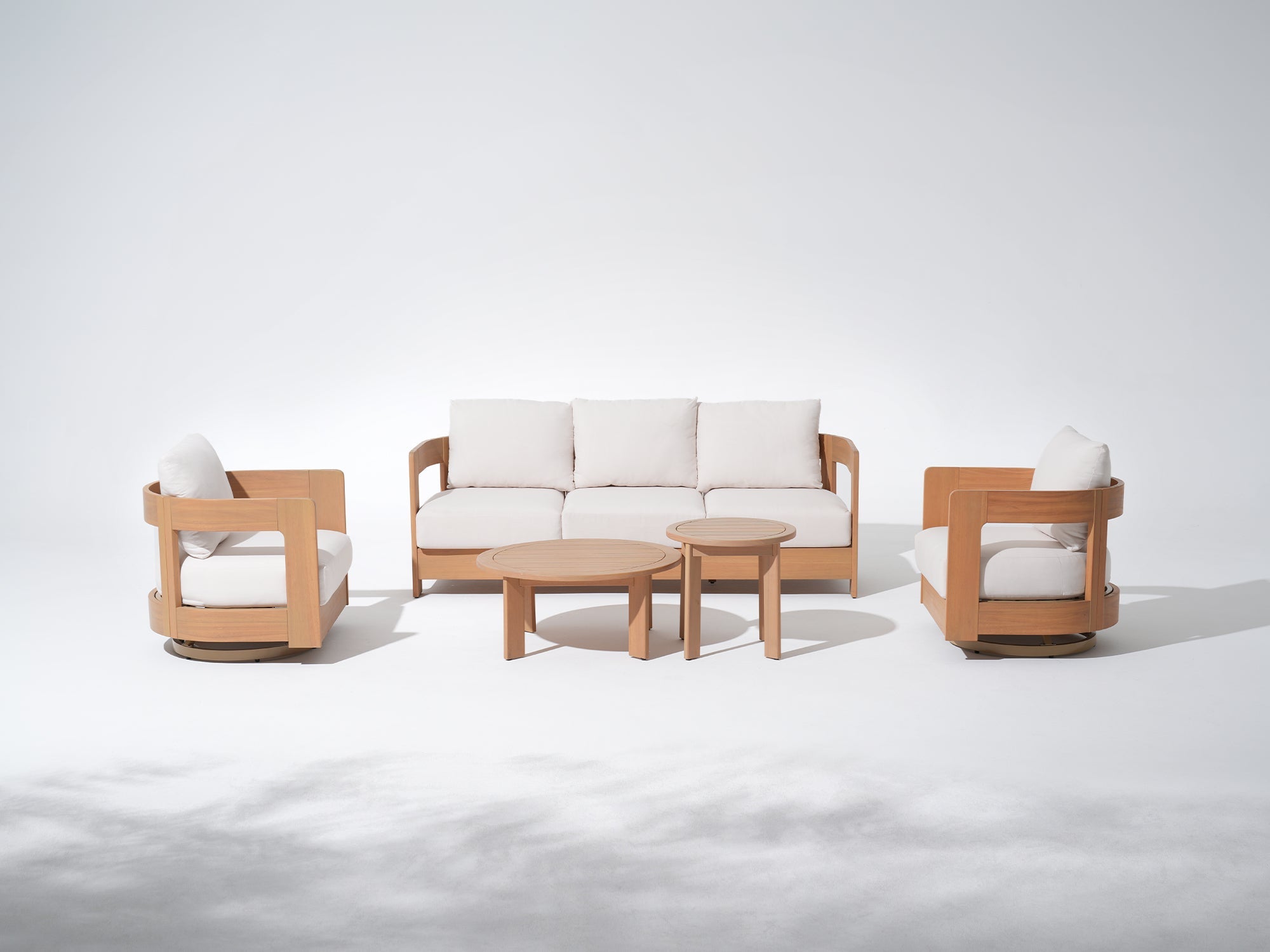 Sova Wood Outdoor Furniture Conversation Set with Swivel Chairs & Two ...