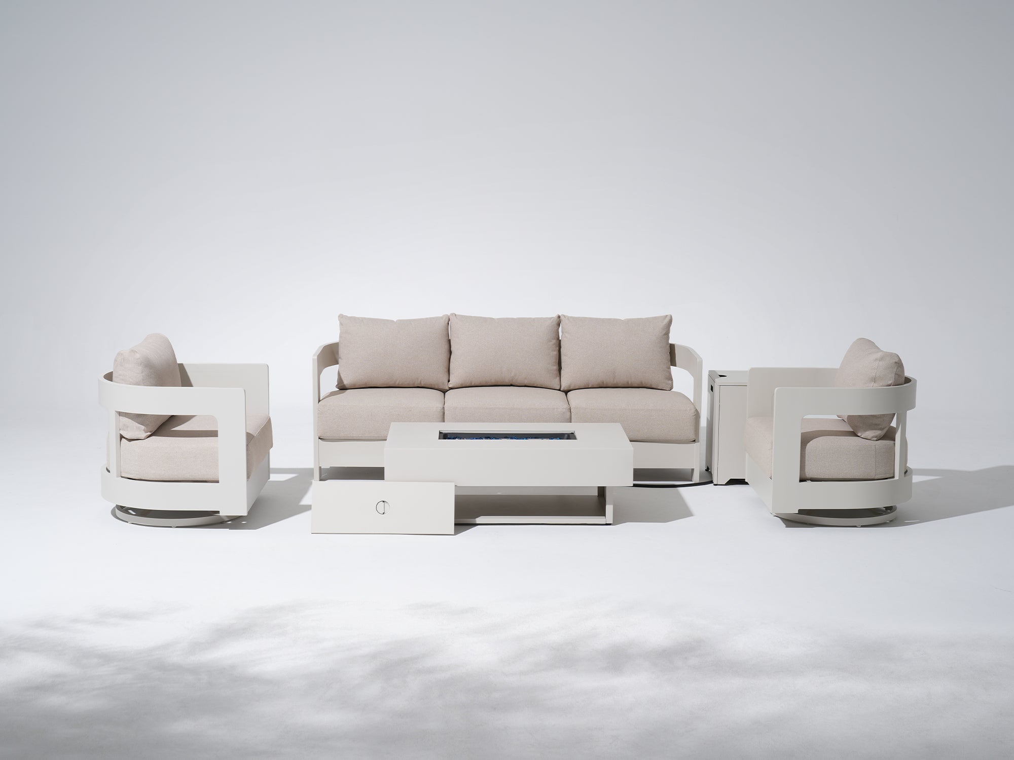 Sova Modern Aluminum Outdoor Sofa Set with Fire Pit, Swivel Chairs, Mi ...