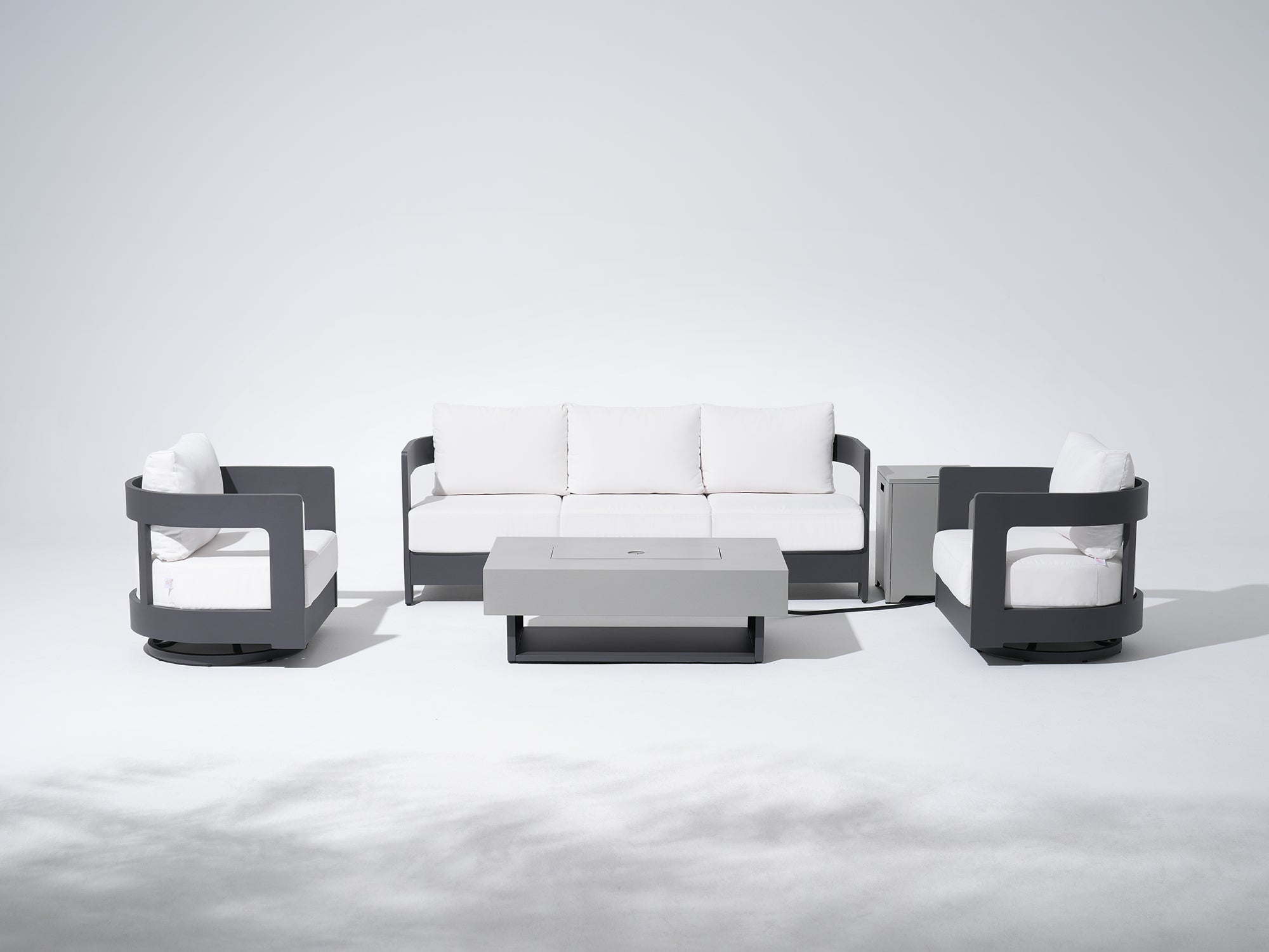 Sova Modern Aluminum Outdoor Sofa Set with Fire Pit, Swivel Chairs, Bl ...